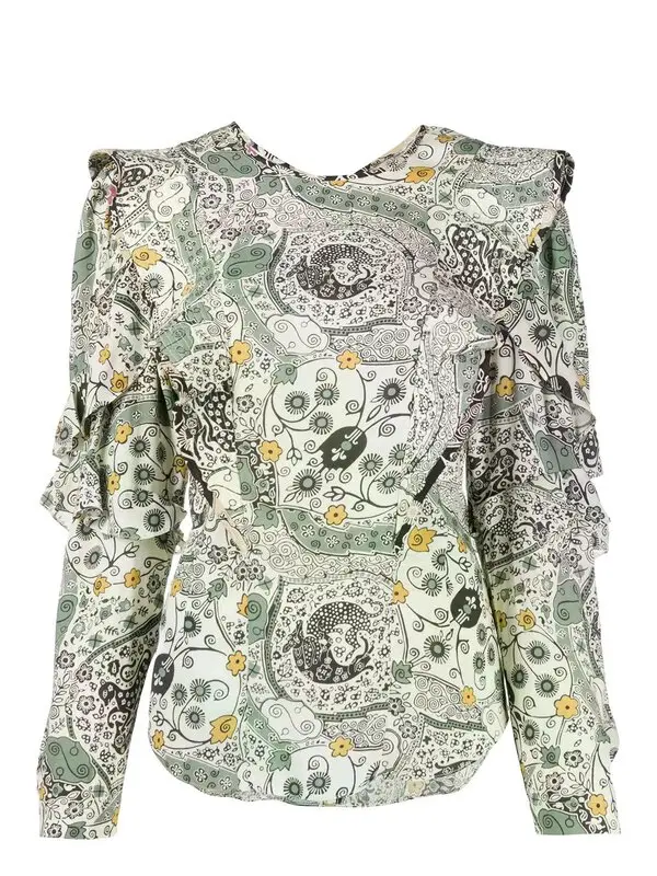 MARANT ETOILE Floral Print Ruffle Trim Blouse - Neutrals
