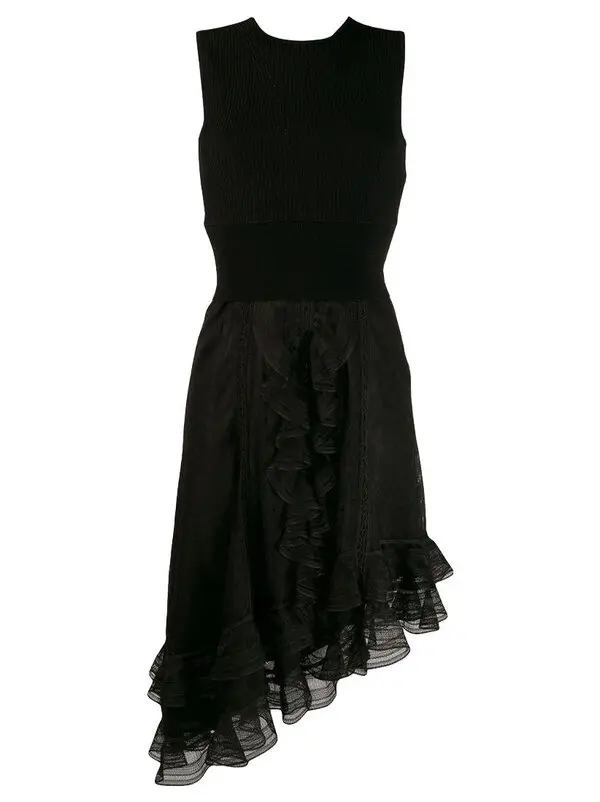 Alexander McQueen Asymmetrical Draped Knit Dress With Lace And Ruffle Trimming - Black