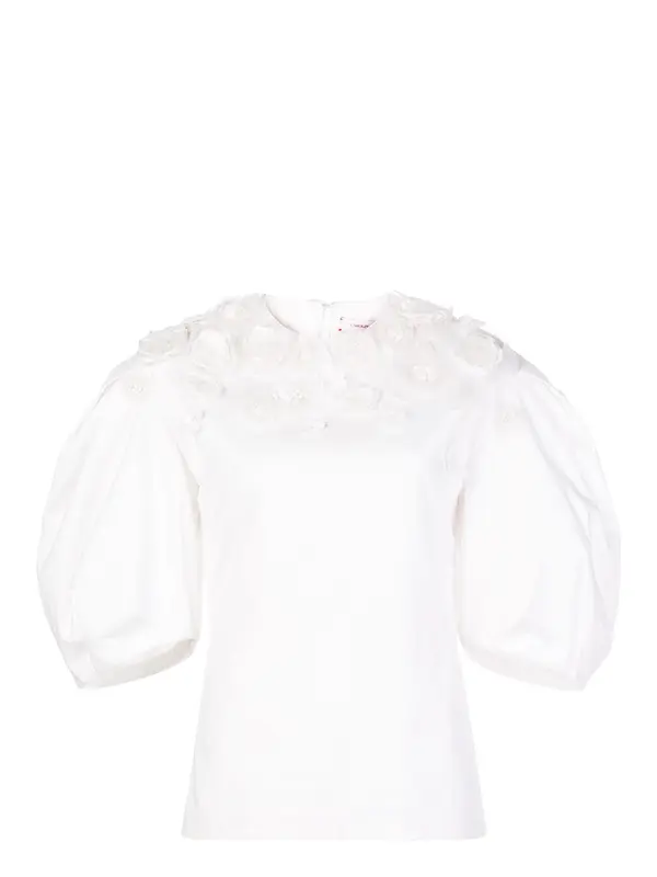Carolina Herrera Floral Appliqués Puff Sleeve Blouse - White