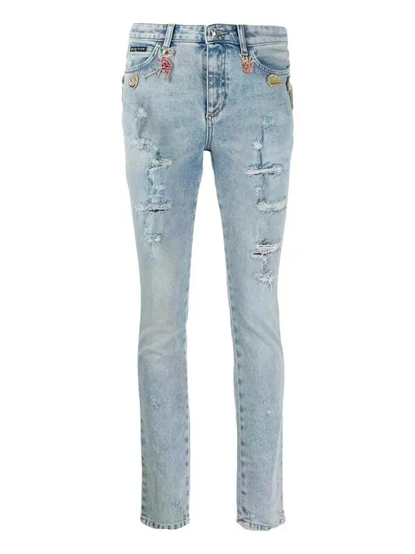 Philipp Plein Rhinestone Charm Distressed Skinny Jeans - Blue