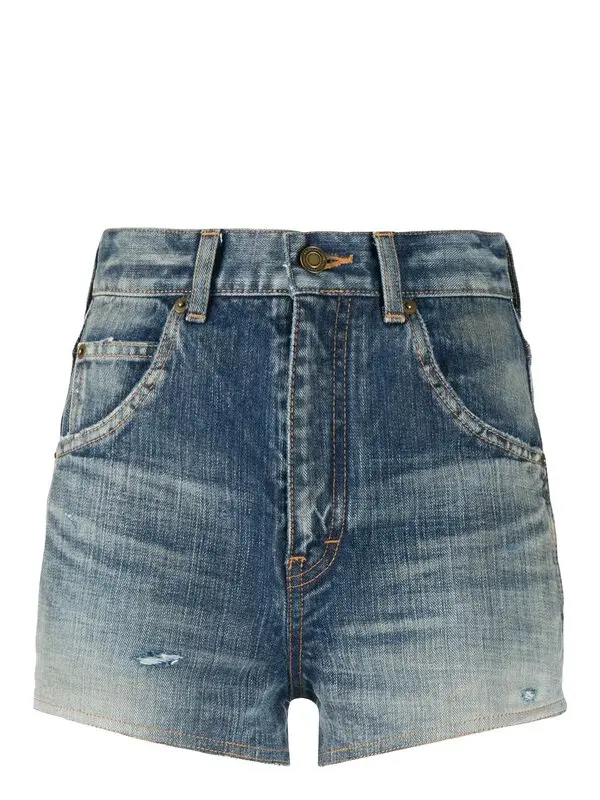 Saint Laurent Destroyed Denim Shorts - Blue
