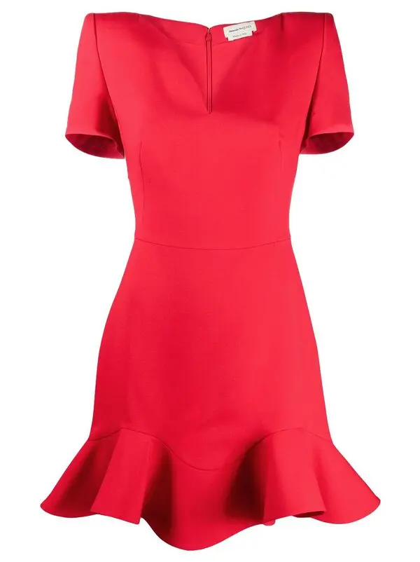 Alexander McQueen V-neck Frilled Hem Dress - Red