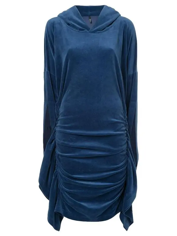 PAULA KNORR Velour Ruched Hooded Dress - Blue