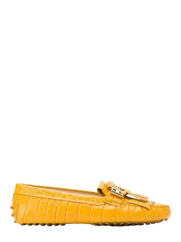 TOD'S Gommino Driving Shoes With Gold Tone Hardware And Snakeskin Effect - Yellow