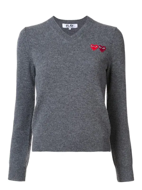 Play Comme Des Garcon Double Heart V-neck Jumper - Grey