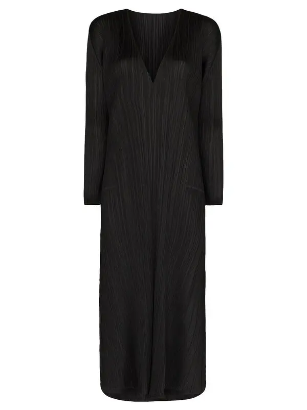 Issey Miyake V-neck Plissé Midi Dress - Black