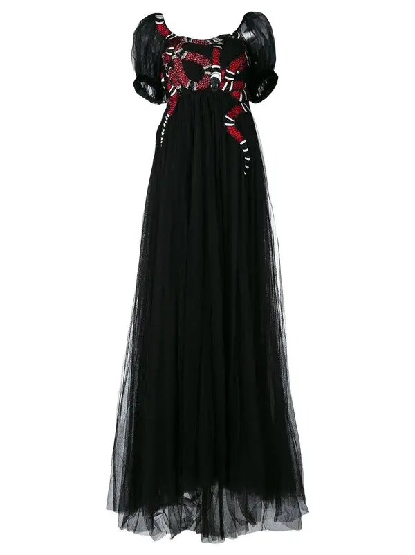 Gucci Snake Embroidered Tulle Gown - Black