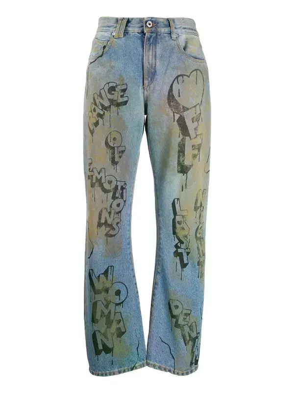Off-White Graffiti Print Straight Leg Jeans - Blue