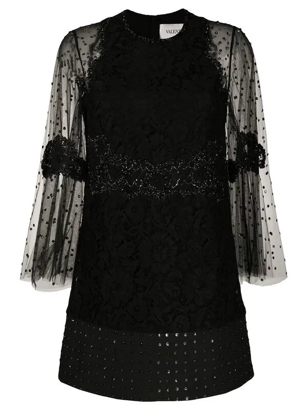 Valentino Garavani Floral Lace Embellished Mini Dress - Black