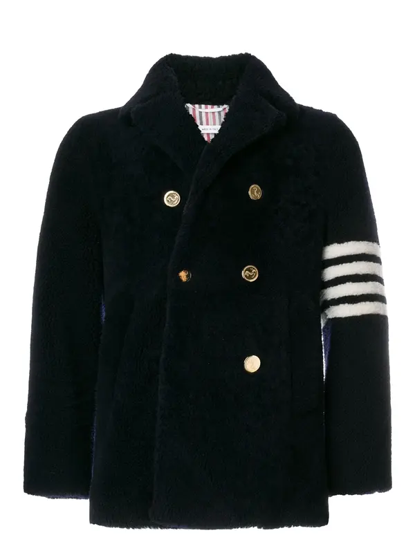 Thom Browne Classic Shearling Pea Coat - Blue
