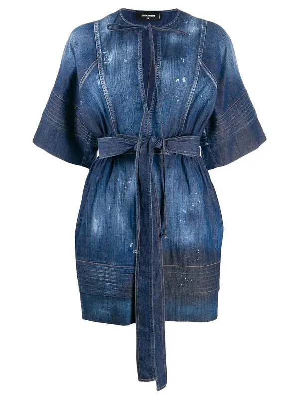 Dsquared2 Denim Dress With V-neck And Belted Waist - Blue