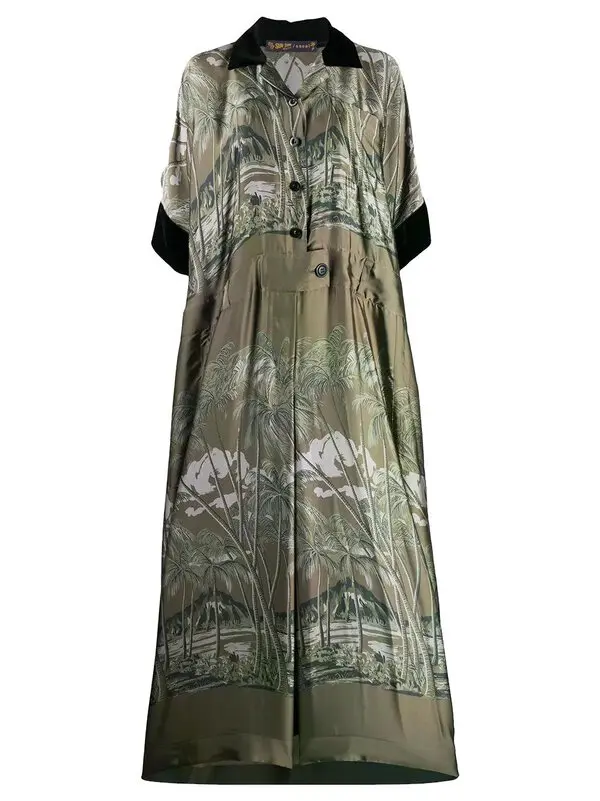 Sacai Tropical Print Maxi Shirt Dress - Green