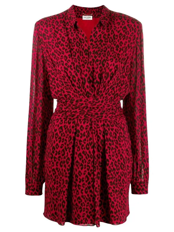 Saint Laurent Leopard Print Mini Dress - Red