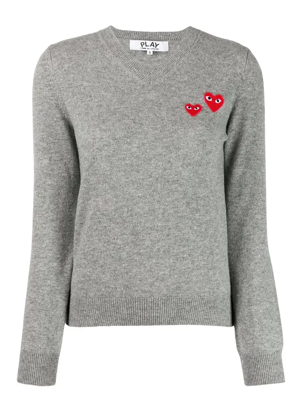 Play Comme Des Garcon Long Sleeve V-neck Sweater - Grey