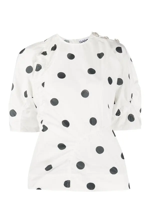 GANNI Polka Dot Gathered Blouse - White