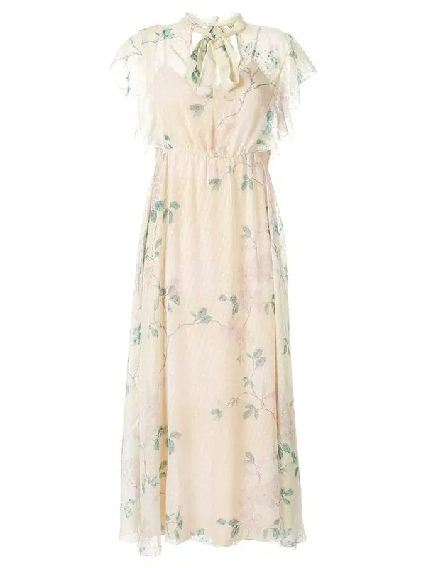 Red Valentino Polka Dot Floral Print Midi Dress - Yellow