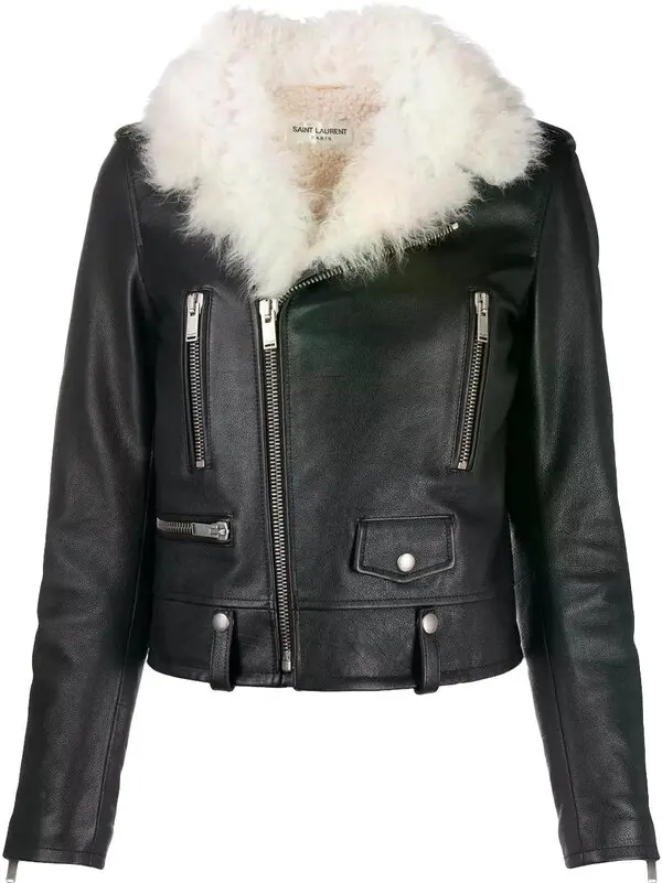 Saint Laurent Shearling Collar Biker Jacket - Black