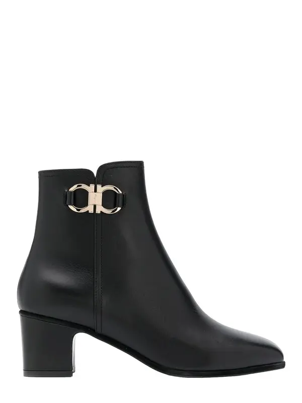 FERRAGAMO Leather Ankle Boots With Gancini Plaque - Black
