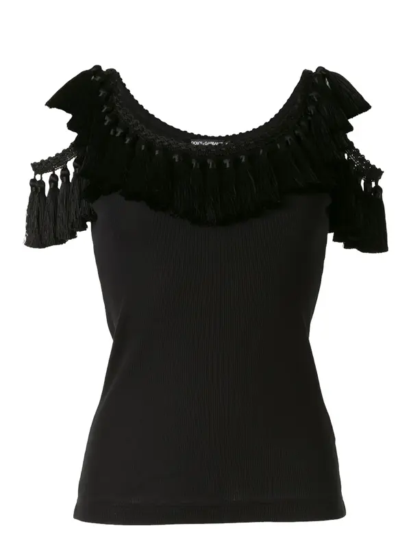 Dolce & Gabbana Cold Shoulder Tassel Trim Vest - Black