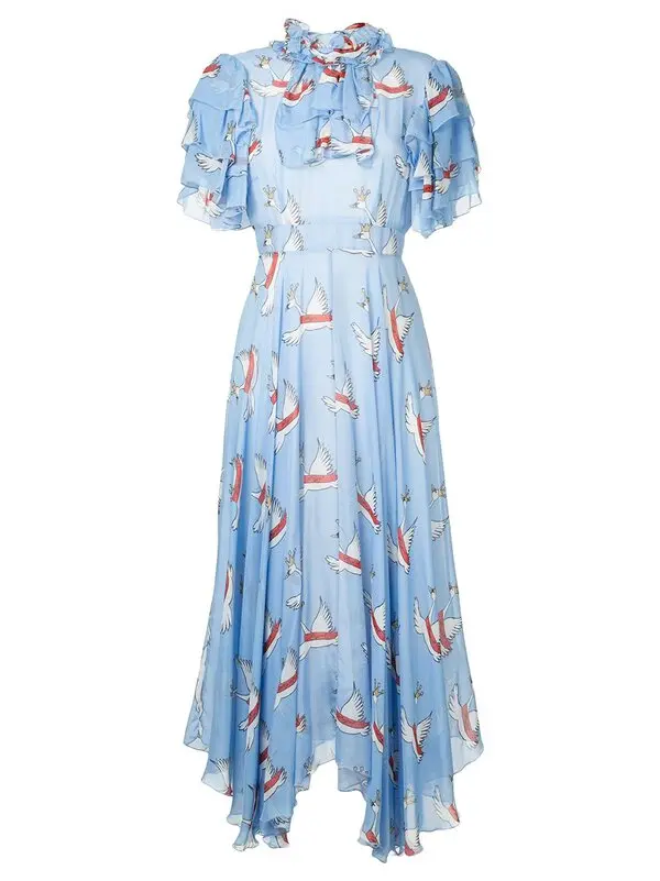 MACGRAW Swan Print Silk Dress - Blue