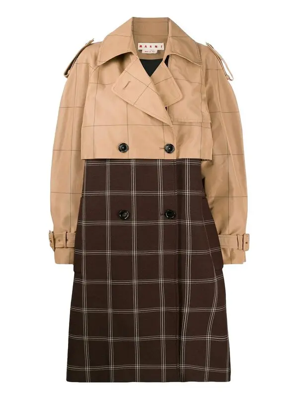 Marni Checkered Wool-blend Trench Coat - Brown