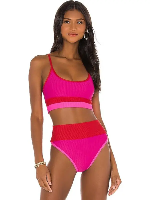 Beach Riot Eva Color Block Bikini Top - Fuchsia Red & Neon Pink
