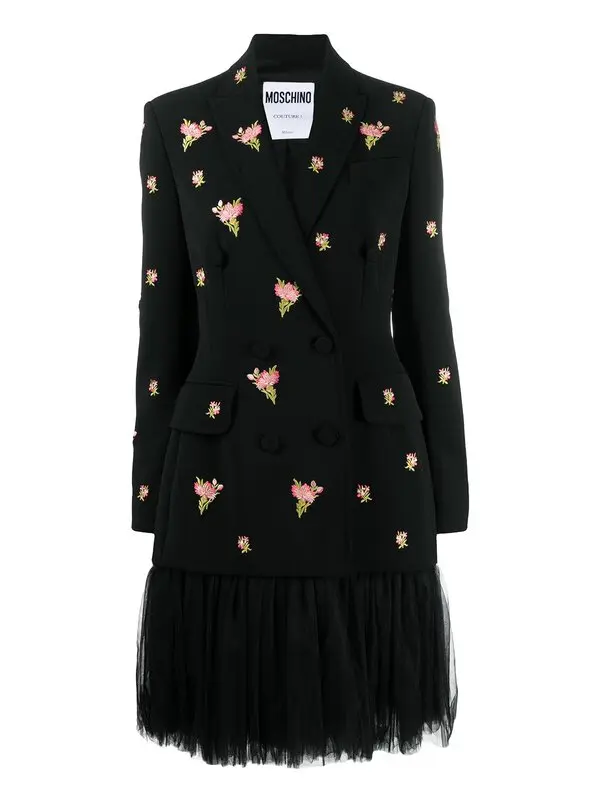 Moschino Floral Embroidered Tulle Overlay Dress - Black
