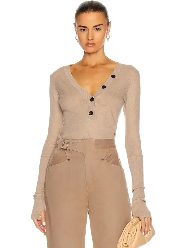 Enza Costa Cashmere Long Sleeve Cuffed Henley Top - Khaki