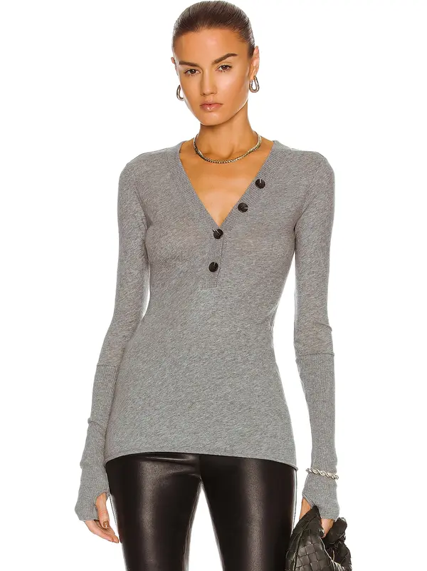 Enza Costa Cashmere Long Sleeve Cuffed Henley Top - Smoke