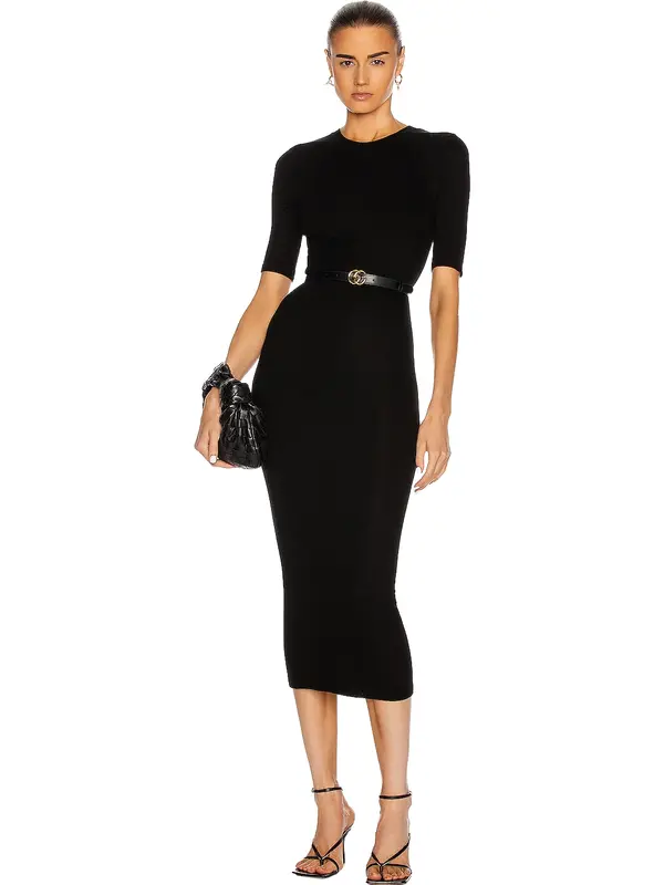 Enza Costa Silk Rib Half Sleeve Crew Midi Dress - Black