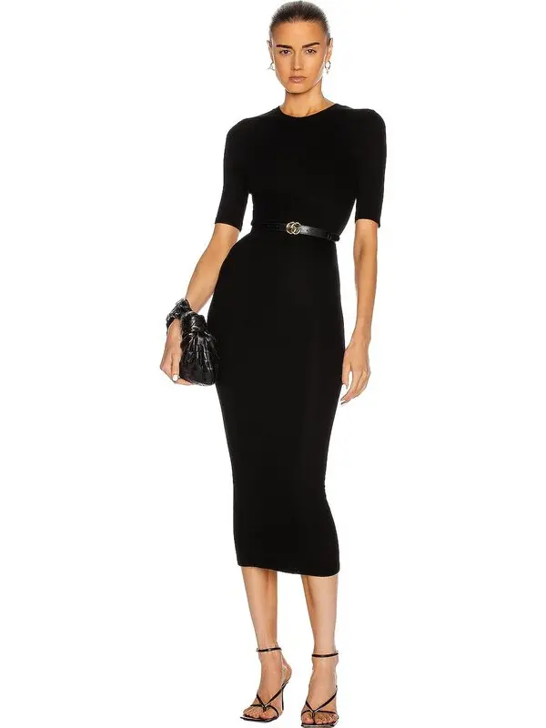 Enza Costa Silk Rib Half Sleeve Crew Midi Dress - Black