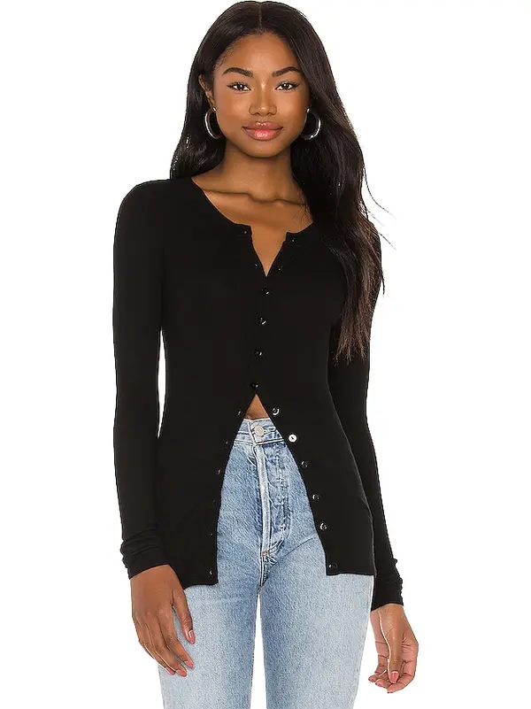 Enza Costa Silk Rib Fitted Long Sleeve Cardigan - Black