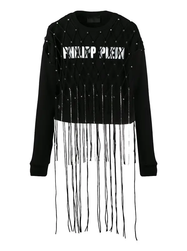 Philipp Plein Crystal-net Fringe Crop Top - Black