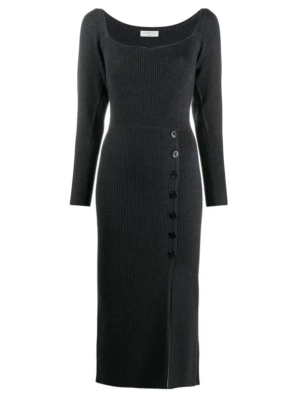 Sandro Buttoned Ribbed Knit Dress - Grey