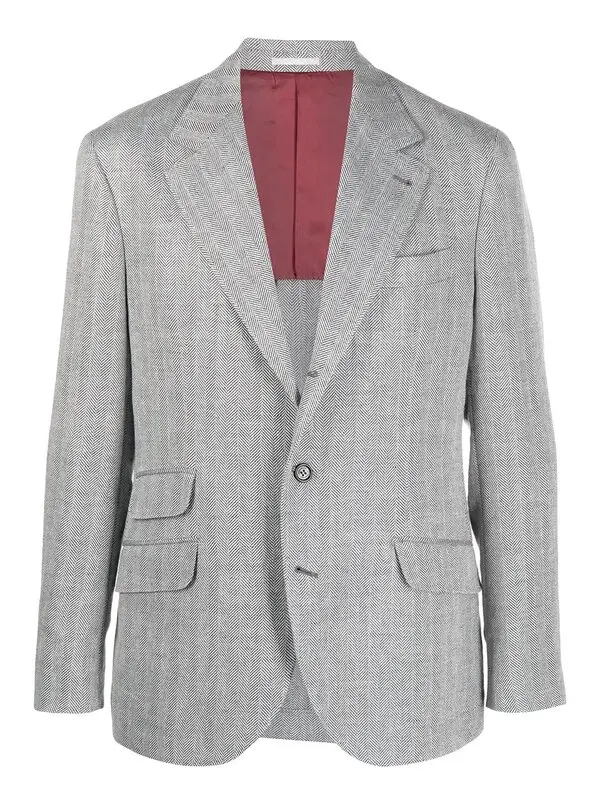 Brunello Cucinelli Single Breasted Herringbone Blazer - White