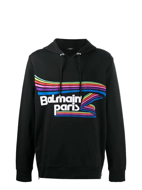 Balmain Paris Logo Print Drawstring Hoodie - Blue