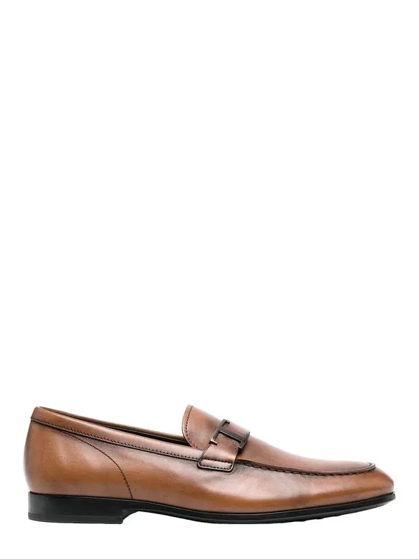 TOD'S Logo Plaque Leather Loafers - Brown
