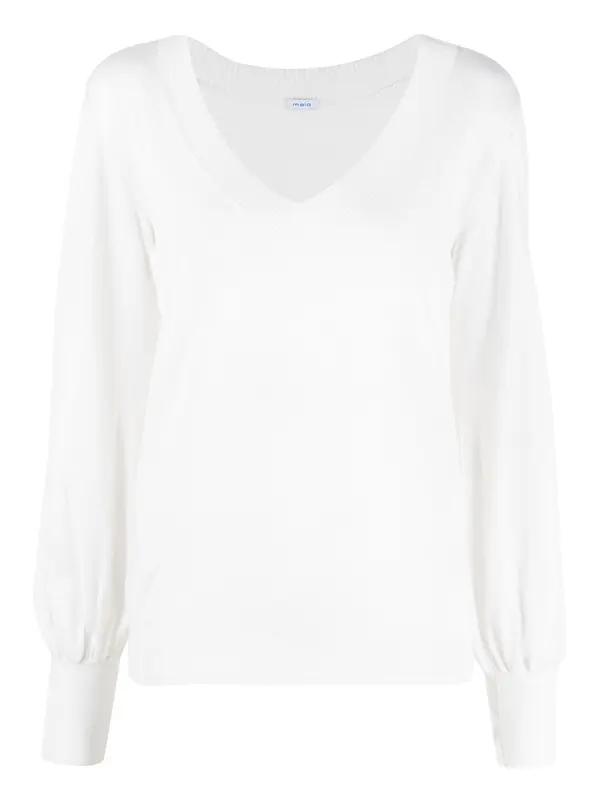Malo Bishop-sleeve V-neck Knitted Top - White