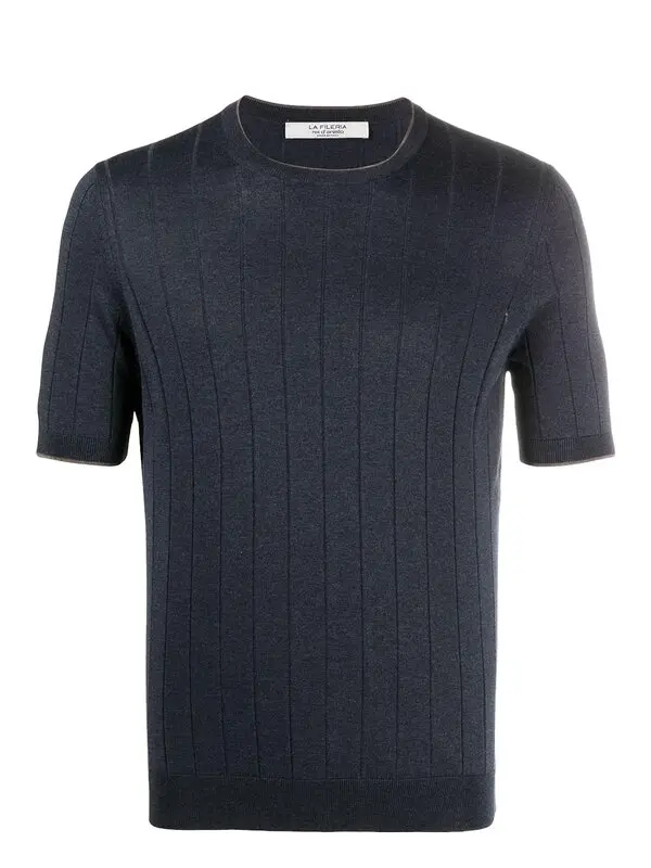 D4.0 Striped Rib-trimmed Silk T-shirt - Blue