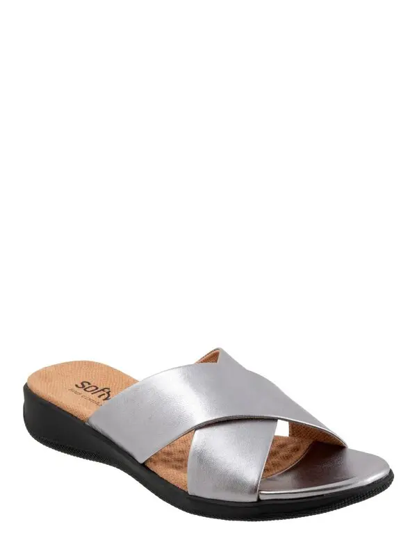 Softwalk Tillman Leather Cross Strap Slide Sandal - Pewter Leather