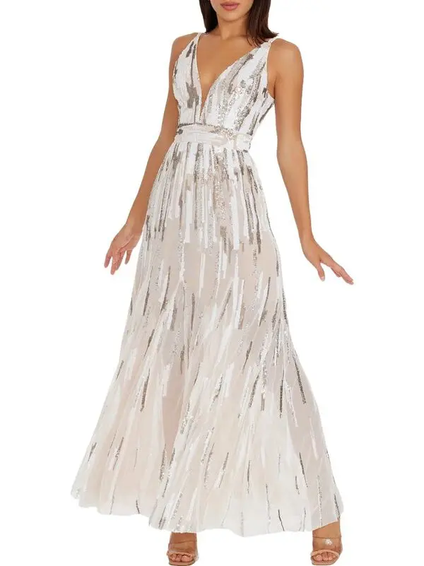 Dress The Population Samira Embellished Gown - White/silver