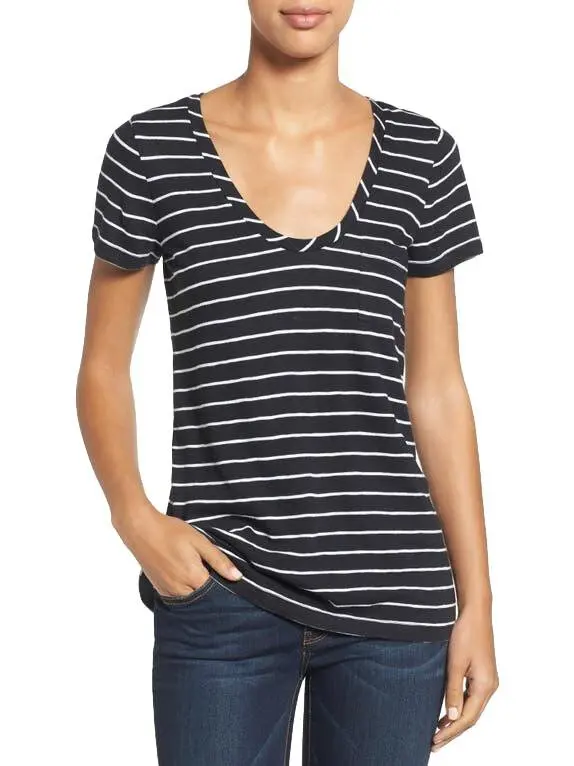 Caslon U-neck T-shirt - Black- White Julia Stripe