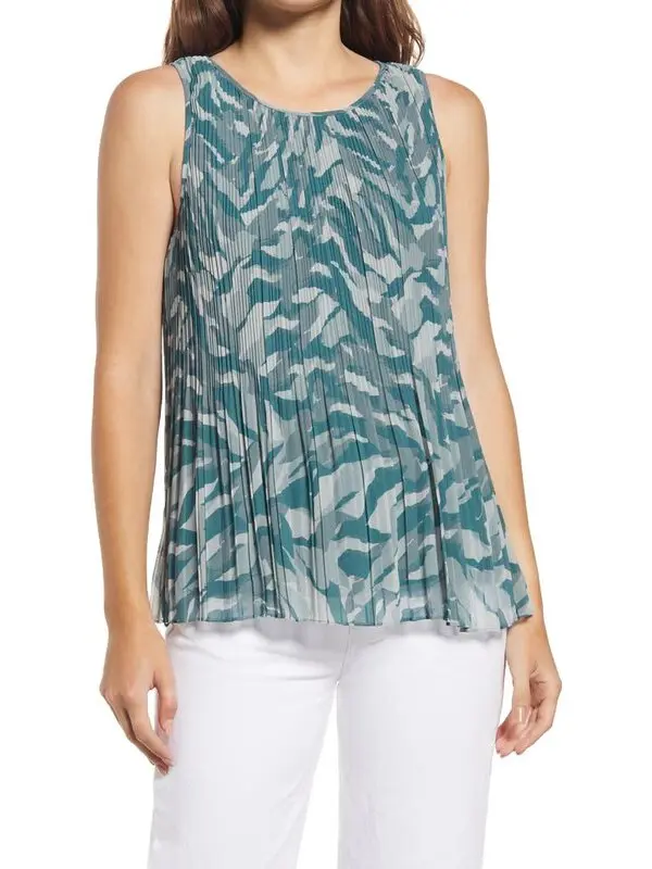 Halogen Sleeveless Pleated Georgette Top - Green Camo Create Print