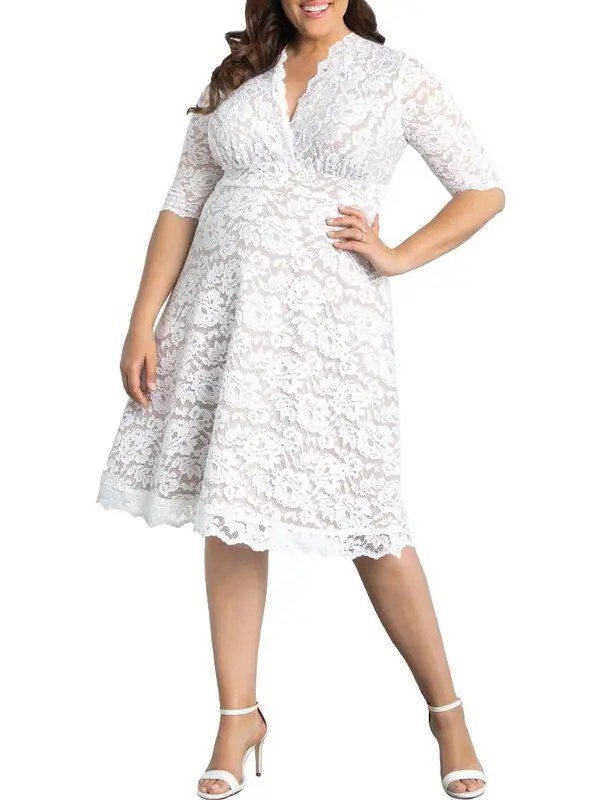KIYONNA Bella Lace Fit & Flare Dress - White With Champagne Lining
