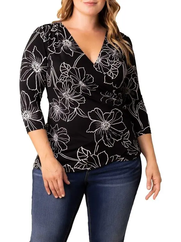 KIYONNA Faux-wrap Top - Black Florals