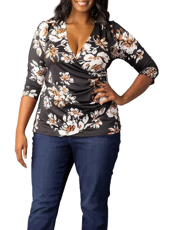 KIYONNA Faux-wrap Top - Black Scattered Blooms