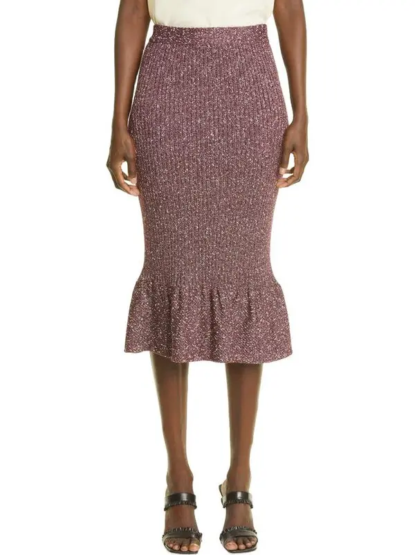 St. John Tweed Knit Pencil Skirt With Ruffle Hem - Rava Raisin/vanilla