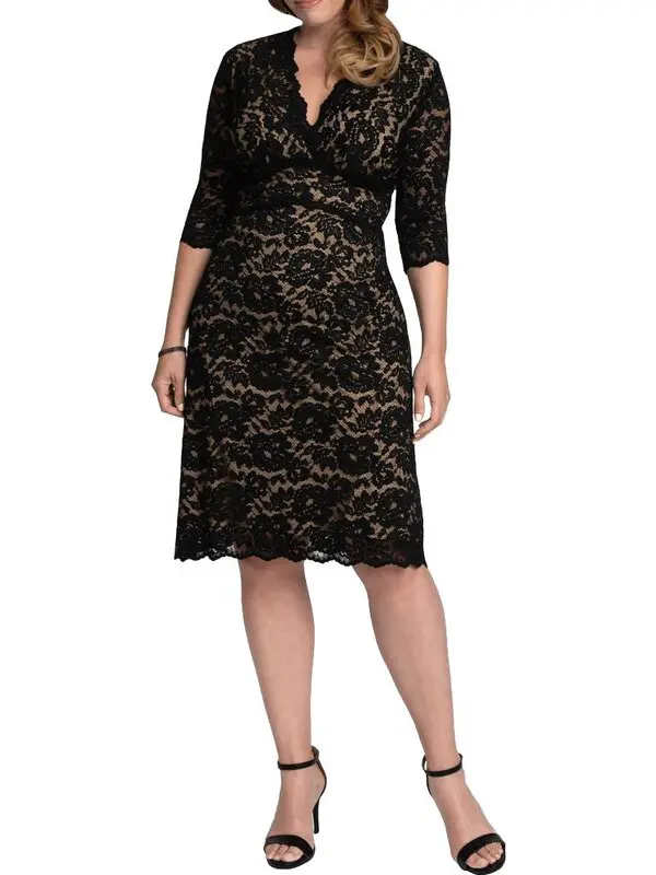 KIYONNA Scalloped Lace Sheath Dress - Black Lace/nude Lining
