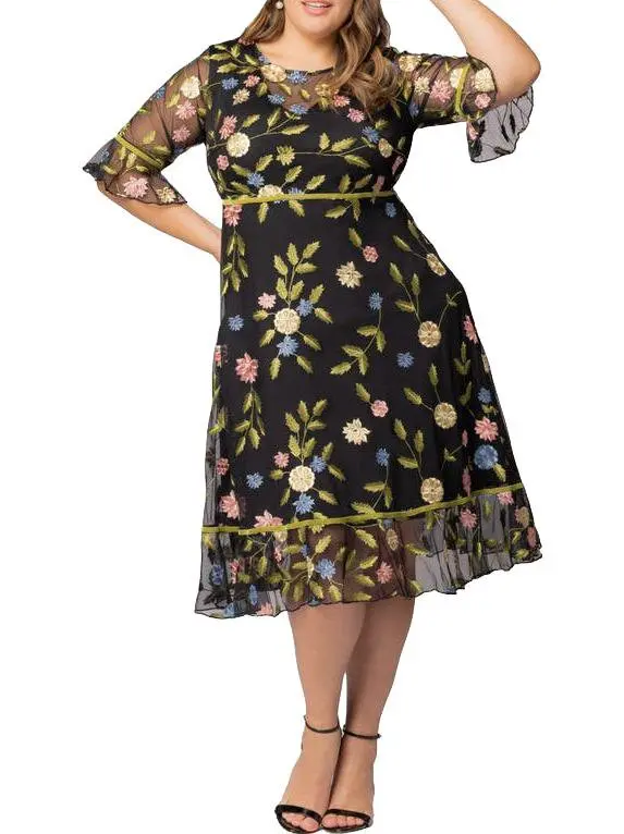 KIYONNA Wildflower Embroidered Fit-and-flare Dress - Black Blossom Print