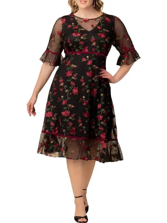 KIYONNA Wildflower Embroidered Fit-and-flare Dress - Black/red Floral